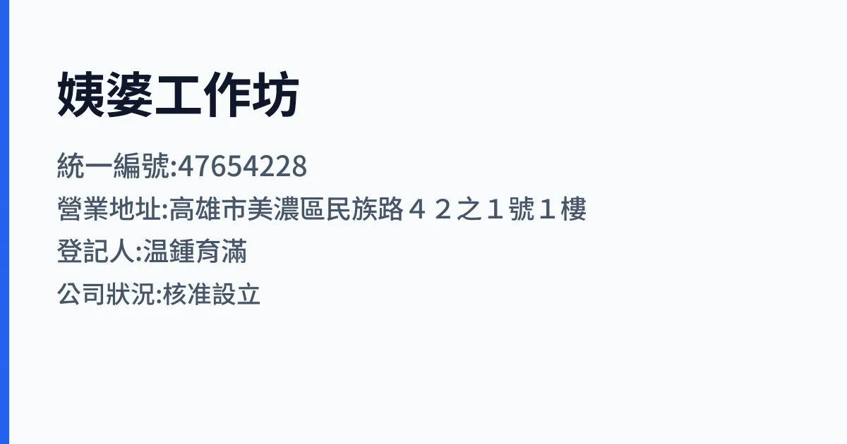 姨婆工作坊 - 統編 47654228(高雄市) 公司登記資料與營業項目詳細圖表