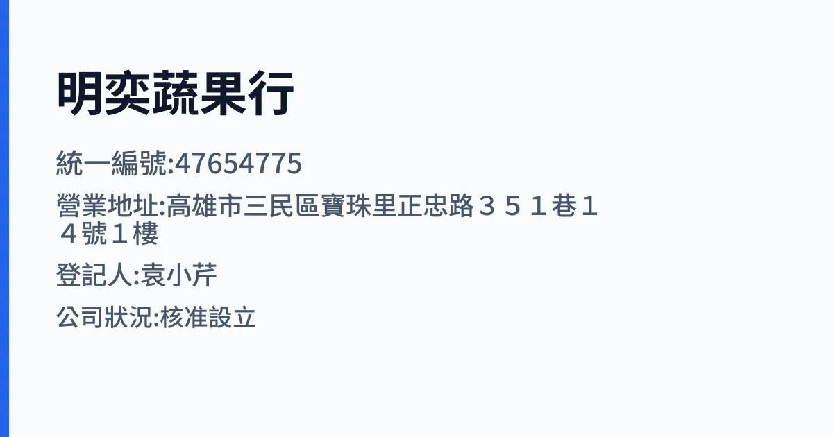 明奕蔬果行 - 統編 47654775(高雄市) 公司登記資料與營業項目詳細圖表
