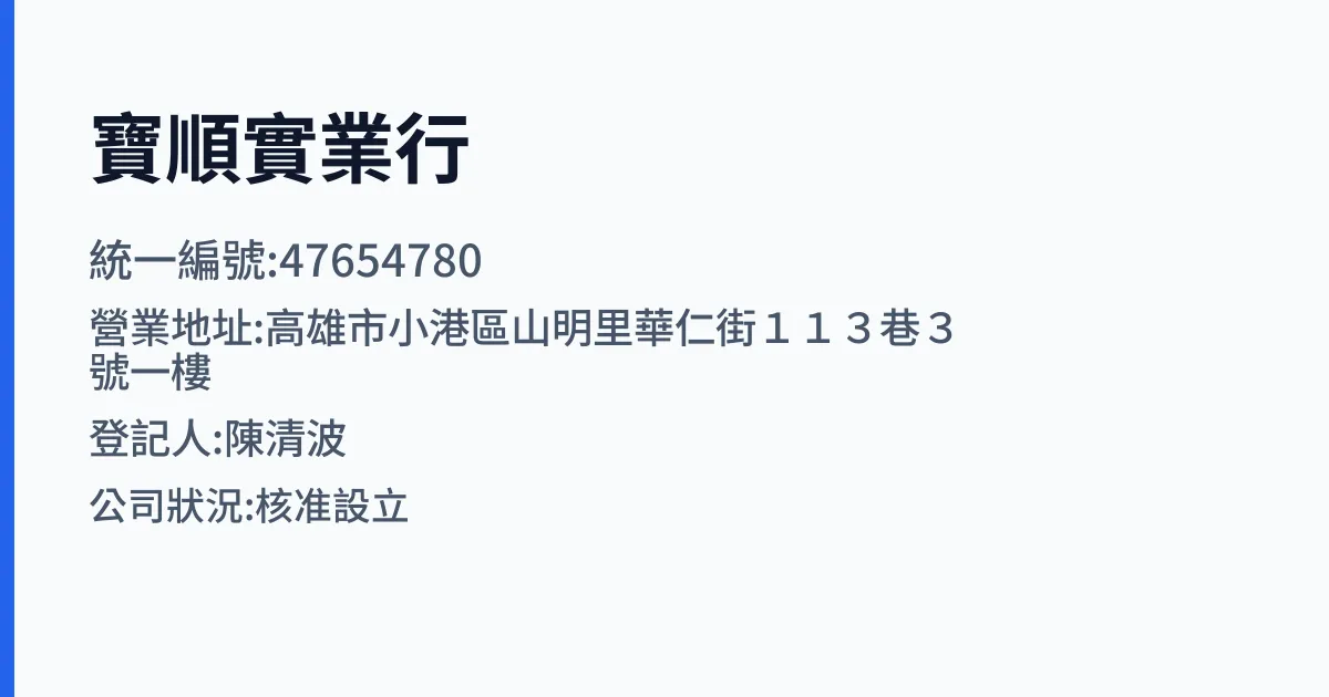 寶順實業行 - 統編 47654780(高雄市) 公司登記資料與營業項目詳細圖表