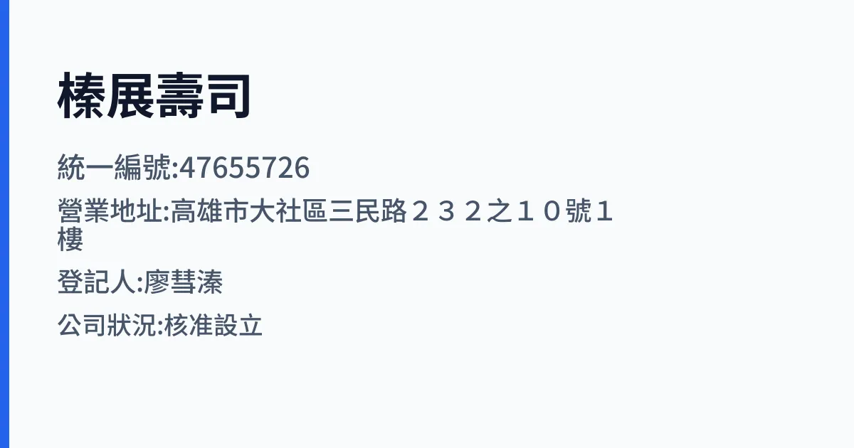 榛展壽司 - 統編 47655726(高雄市) 公司登記資料與營業項目詳細圖表