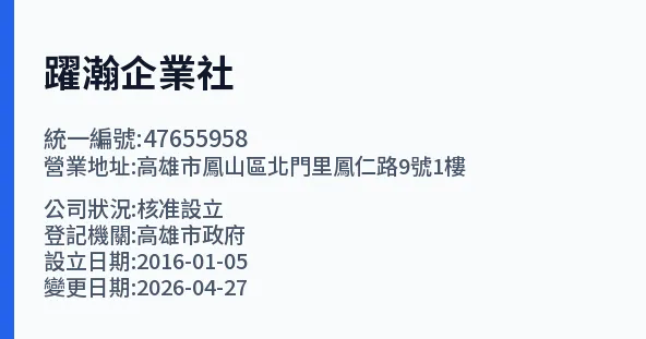 躍瀚企業社的照片-統編 47655958(高雄市) 公司登記資料與營業項目詳細圖表