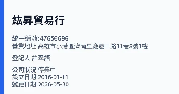 紘昇貿易行的照片-統編 47656696(高雄市) 公司登記資料與營業項目詳細圖表