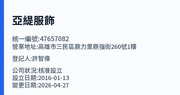亞緹服飾的照片-統編 47657082(高雄市) 公司登記資料與營業項目詳細圖表