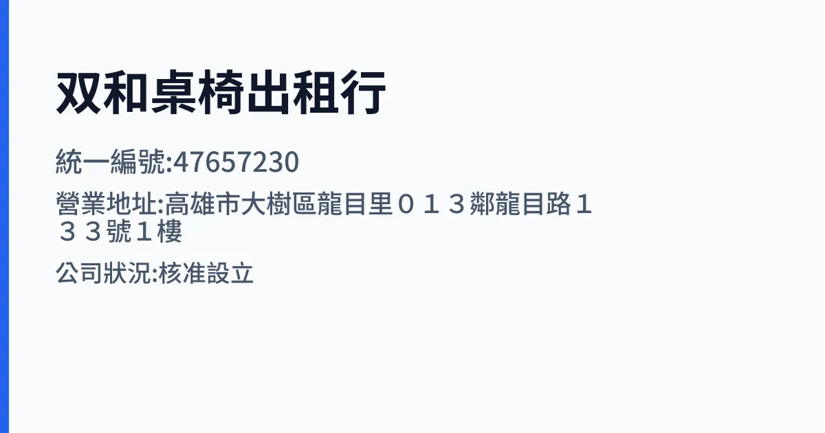 双和桌椅出租行 - 統編 47657230(高雄市) 公司登記資料與營業項目詳細圖表