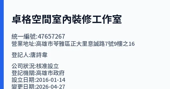 卓格空間室內裝修工作室的照片-統編 47657267(高雄市) 公司登記資料與營業項目詳細圖表