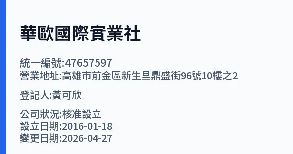 華歐國際實業社的照片-統編 47657597(高雄市) 公司登記資料與營業項目詳細圖表