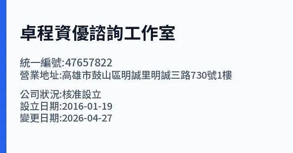 卓程資優諮詢工作室的照片-統編 47657822(高雄市) 公司登記資料與營業項目詳細圖表