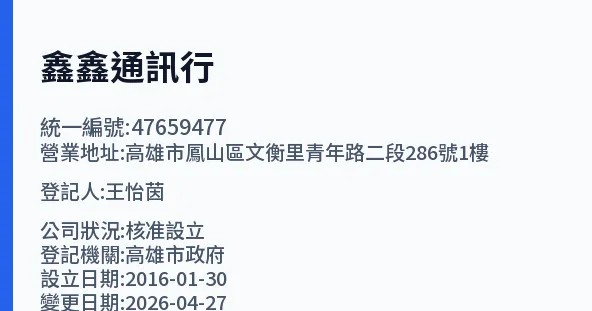 鑫鑫通訊行的照片-統編 47659477(高雄市) 公司登記資料與營業項目詳細圖表