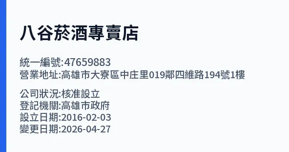 八谷菸酒專賣店的照片-統編 47659883(高雄市) 公司登記資料與營業項目詳細圖表