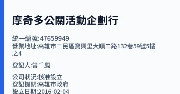 摩奇多公關活動企劃行的照片-統編 47659949(高雄市) 公司登記資料與營業項目詳細圖表