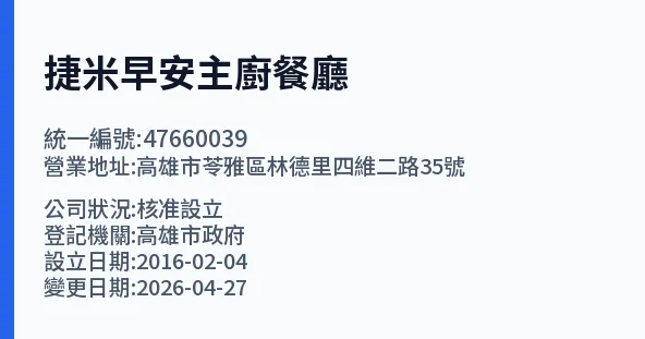 捷米早安主廚餐廳的照片-統編 47660039(高雄市) 公司登記資料與營業項目詳細圖表