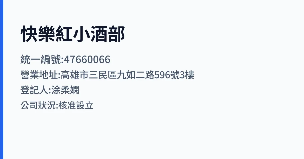 快樂紅小酒部 - 統編 47660066(高雄市) 公司登記資料與營業項目詳細圖表