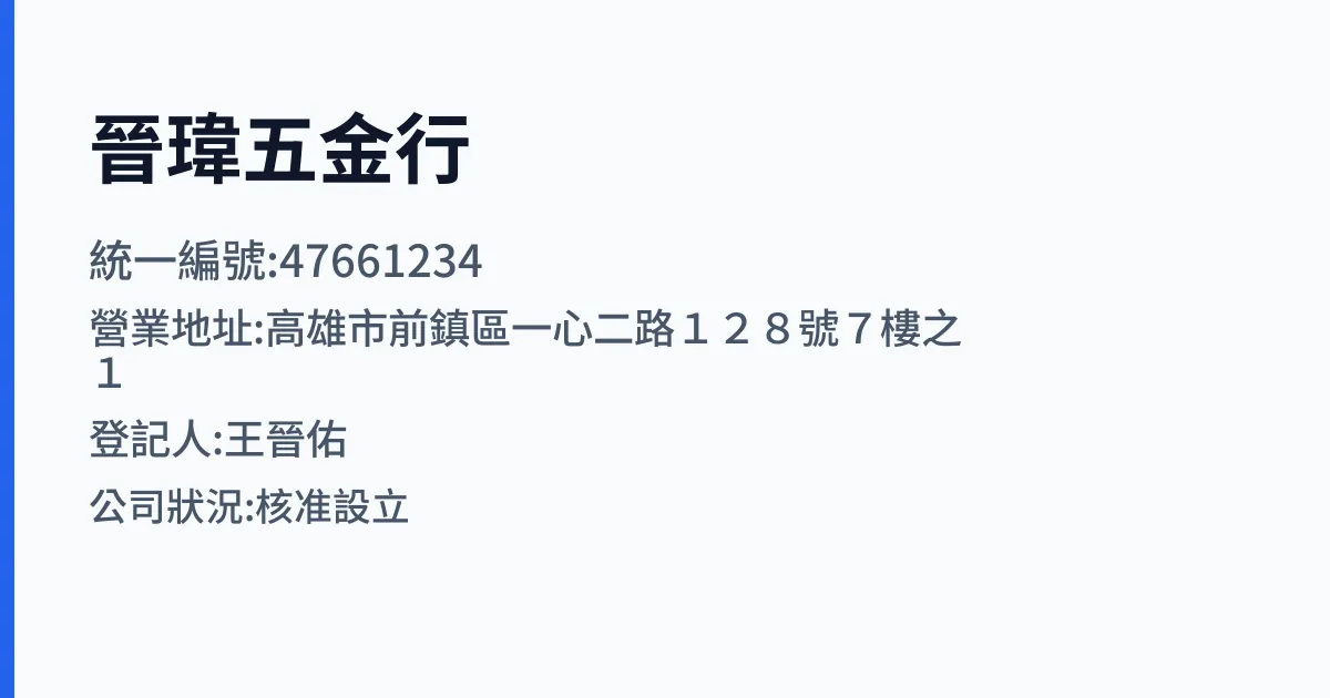 晉瑋五金行 - 統編 47661234(高雄市) 公司登記資料與營業項目詳細圖表