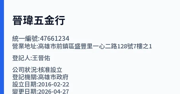 晉瑋五金行的照片-統編 47661234(高雄市) 公司登記資料與營業項目詳細圖表