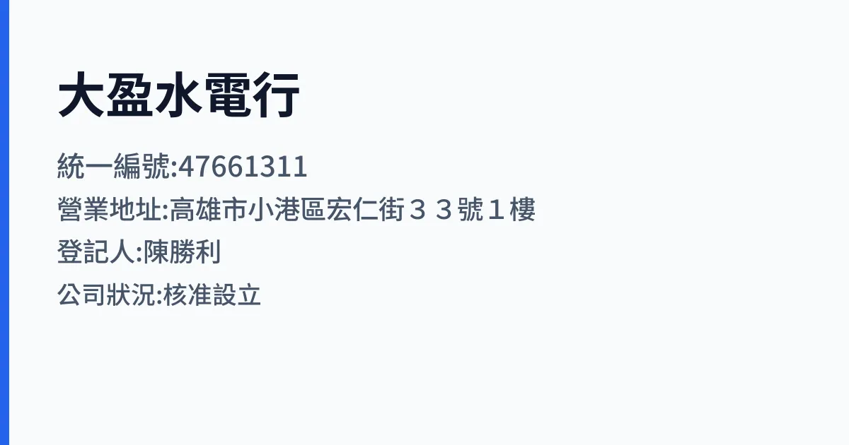 大盈水電行 - 統編 47661311(高雄市) 公司登記資料與營業項目詳細圖表