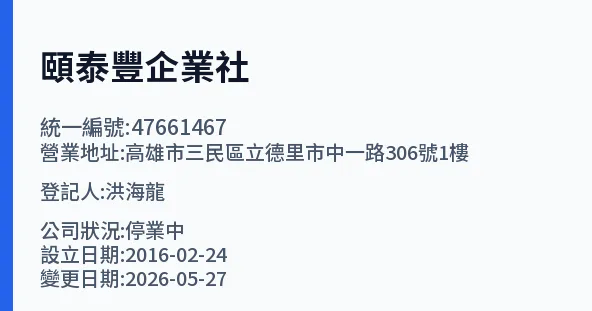 頤泰豐企業社的照片-統編 47661467(高雄市) 公司登記資料與營業項目詳細圖表