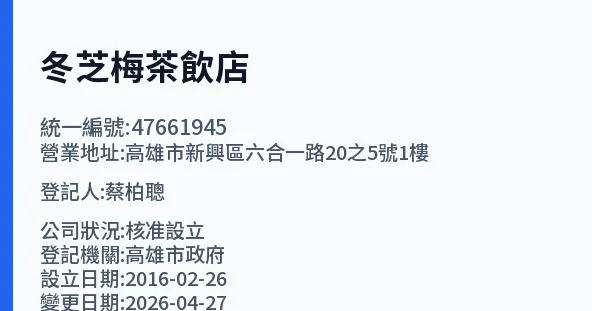 冬芝梅茶飲店的照片-統編 47661945(高雄市) 公司登記資料與營業項目詳細圖表