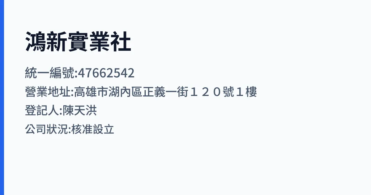鴻新實業社 - 統編 47662542(高雄市) 公司登記資料與營業項目詳細圖表