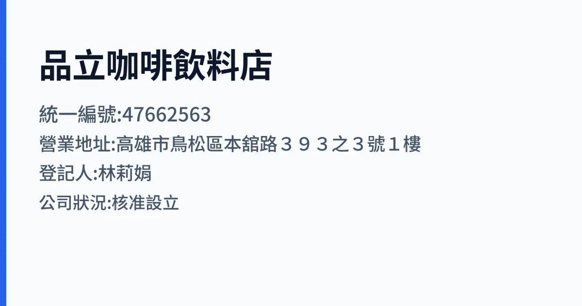 品立咖啡飲料店 - 統編 47662563(高雄市) 公司登記資料與營業項目詳細圖表
