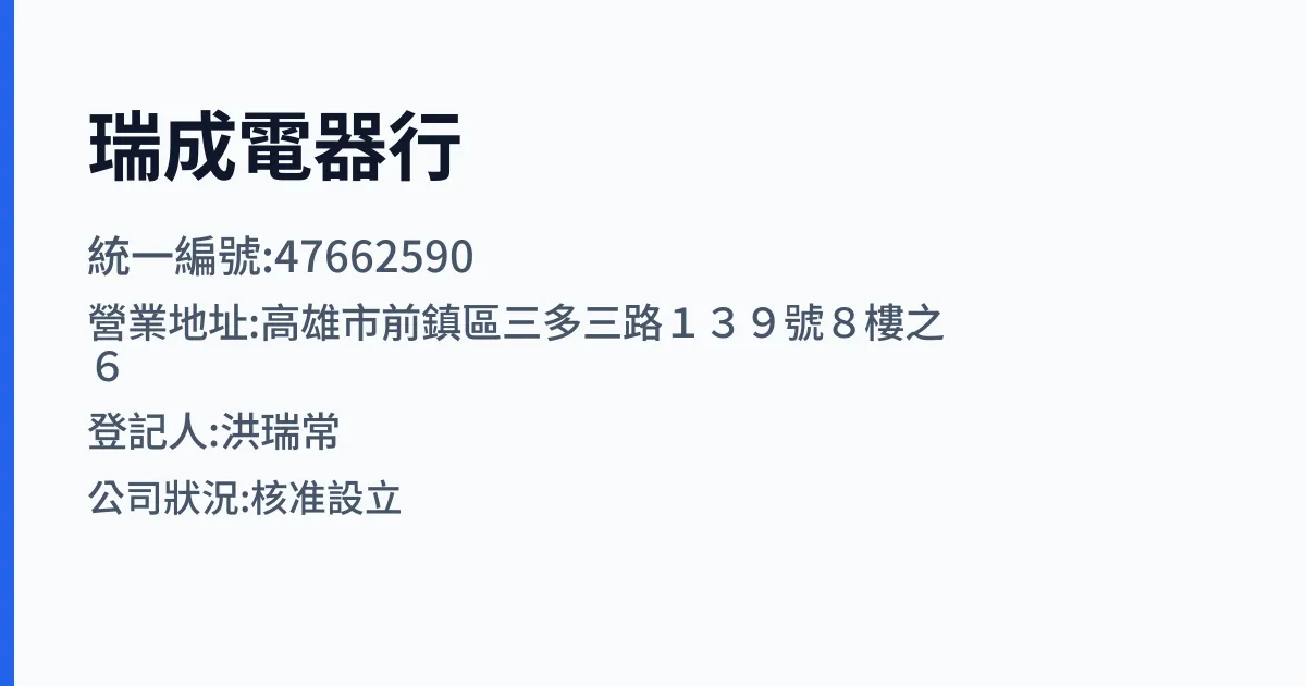 瑞成電器行 - 統編 47662590(高雄市) 公司登記資料與營業項目詳細圖表
