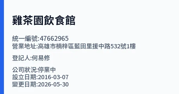 雞茶園飲食館的照片-統編 47662965(高雄市) 公司登記資料與營業項目詳細圖表