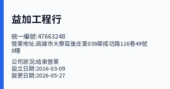 益加工程行的照片-統編 47663248(高雄市) 公司登記資料與營業項目詳細圖表