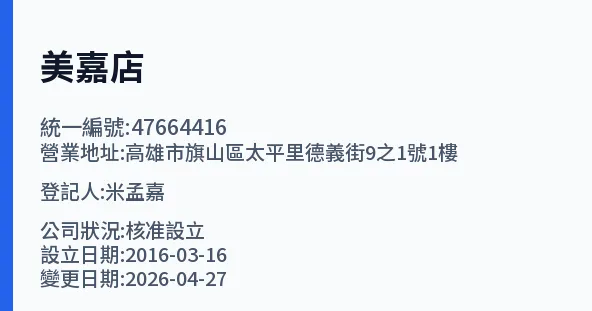 美嘉店的照片-統編 47664416(高雄市) 公司登記資料與營業項目詳細圖表