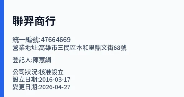 聯羿商行的照片-統編 47664669(高雄市) 公司登記資料與營業項目詳細圖表