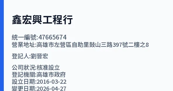 鑫宏興工程行的照片-統編 47665674(高雄市) 公司登記資料與營業項目詳細圖表