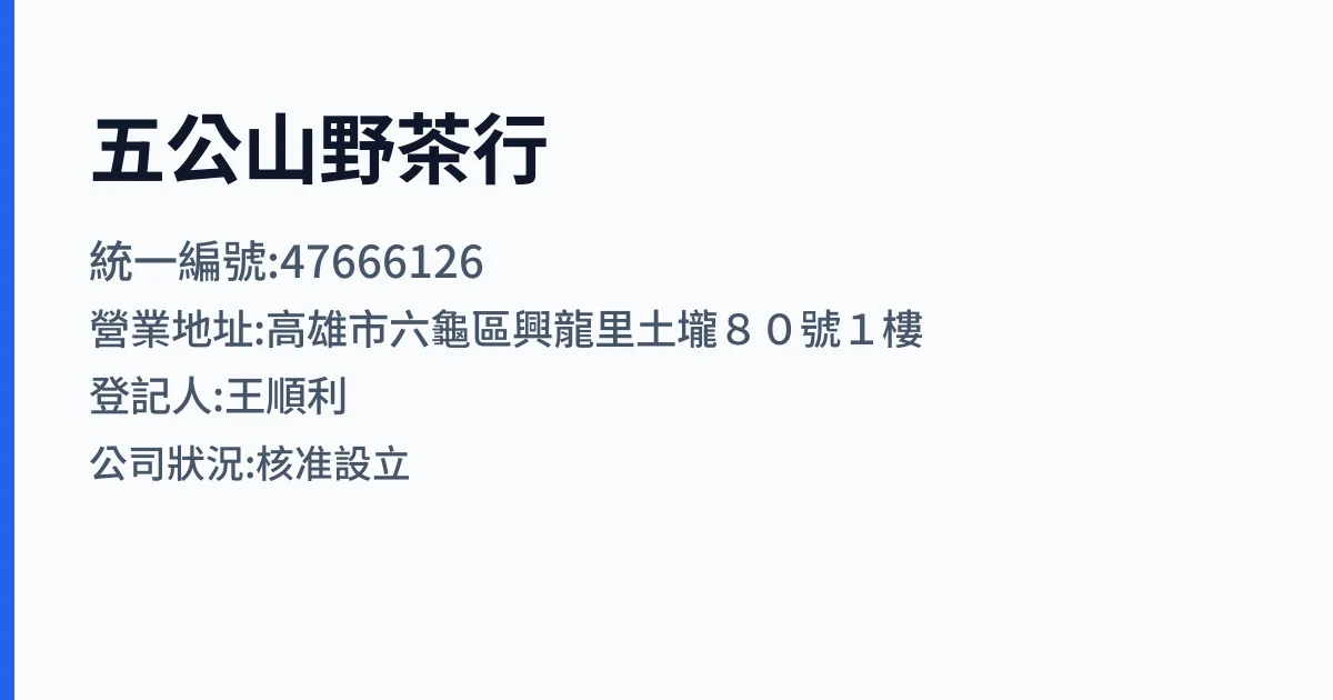 五公山野茶行 - 統編 47666126(高雄市) 公司登記資料與營業項目詳細圖表