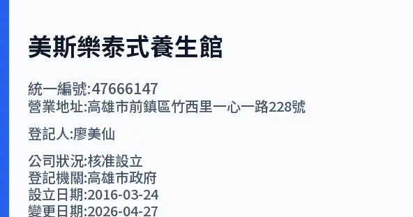美斯樂泰式養生館的照片-統編 47666147(高雄市) 公司登記資料與營業項目詳細圖表