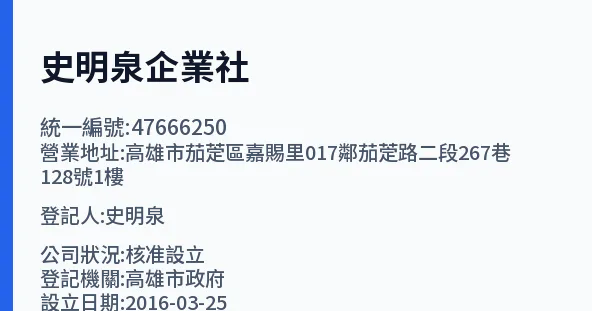 史明泉企業社的照片-統編 47666250(高雄市) 公司登記資料與營業項目詳細圖表