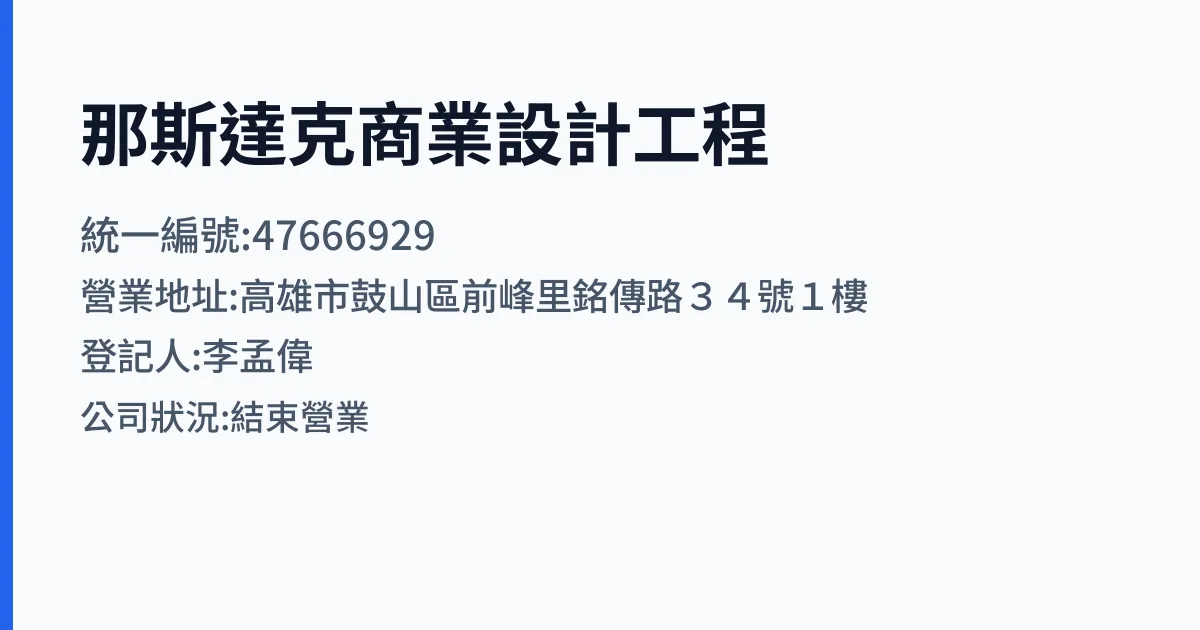 那斯達克商業設計工程 - 統編 47666929(高雄市) 公司登記資料與營業項目詳細圖表