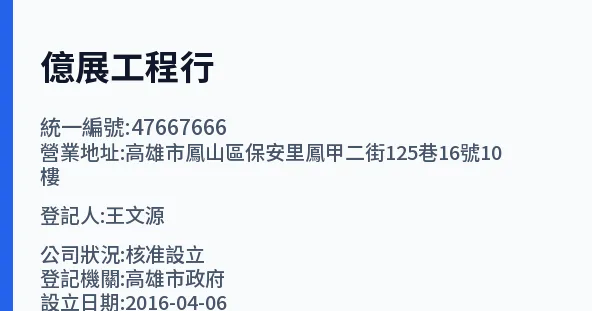億展工程行的照片-統編 47667666(高雄市) 公司登記資料與營業項目詳細圖表