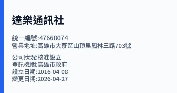 達樂通訊社的照片-統編 47668074(高雄市) 公司登記資料與營業項目詳細圖表