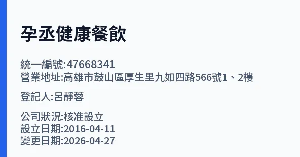 孕丞健康餐飲的照片-統編 47668341(高雄市) 公司登記資料與營業項目詳細圖表