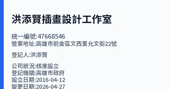 洪添賢插畫設計工作室的照片-統編 47668546(高雄市) 公司登記資料與營業項目詳細圖表