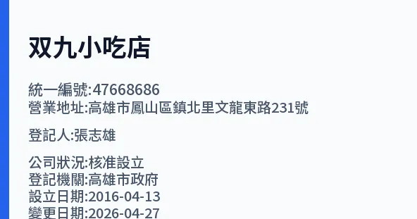 双九小吃店的照片-統編 47668686(高雄市) 公司登記資料與營業項目詳細圖表