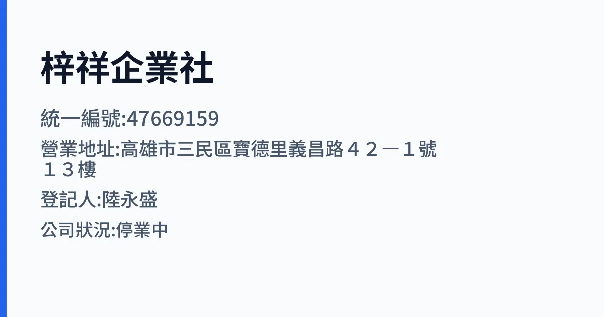 梓祥企業社 - 統編 47669159(高雄市) 公司登記資料與營業項目詳細圖表