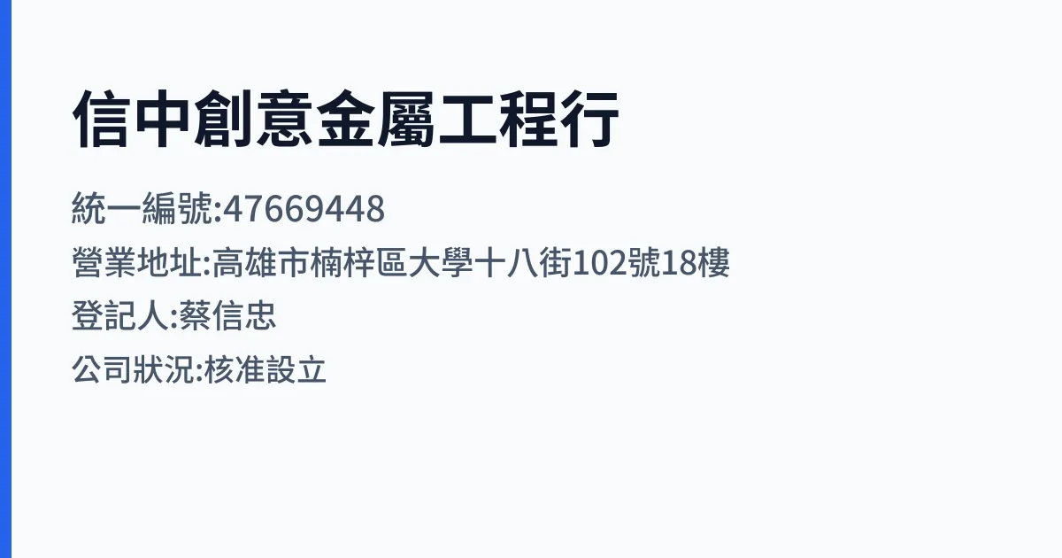 信中創意金屬工程行 - 統編 47669448（高雄市） 公司登記資料與營業項目詳細圖表