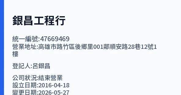 銀昌工程行的照片-統編 47669469(高雄市) 公司登記資料與營業項目詳細圖表