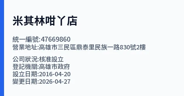 米其林咁丫店的照片-統編 47669860(高雄市) 公司登記資料與營業項目詳細圖表