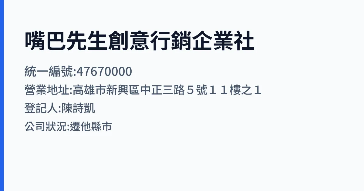 嘴巴先生創意行銷企業社 - 統編 47670000(苗栗縣) 公司登記資料與營業項目詳細圖表