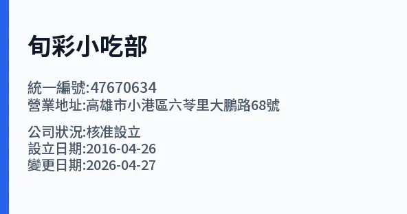 旬彩小吃部的照片-統編 47670634(高雄市) 公司登記資料與營業項目詳細圖表