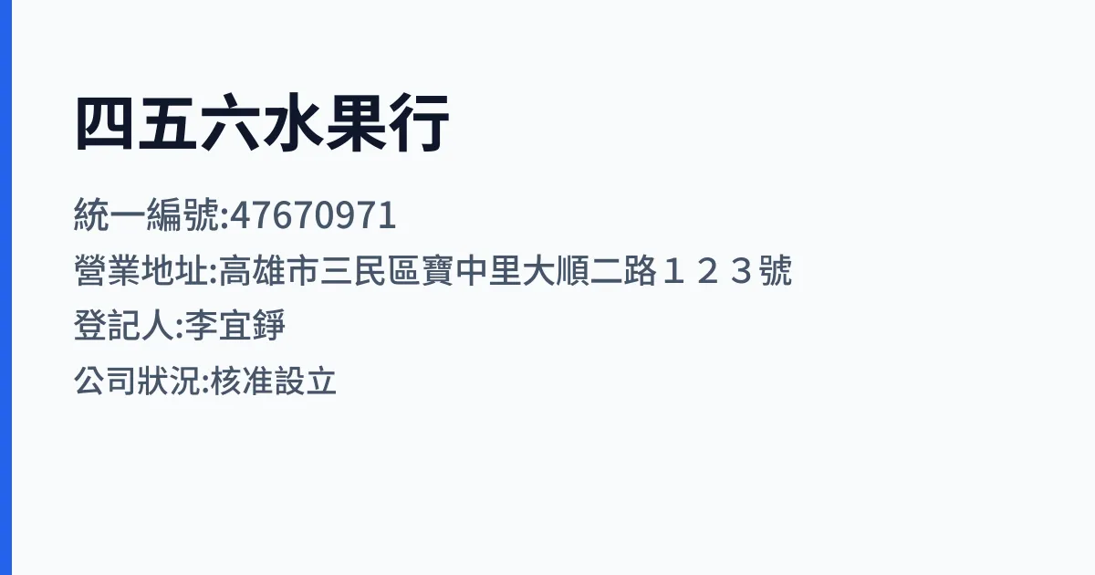 四五六水果行 - 統編 47670971(高雄市) 公司登記資料與營業項目詳細圖表