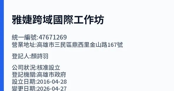雅婕跨域國際工作坊的照片-統編 47671269(高雄市) 公司登記資料與營業項目詳細圖表