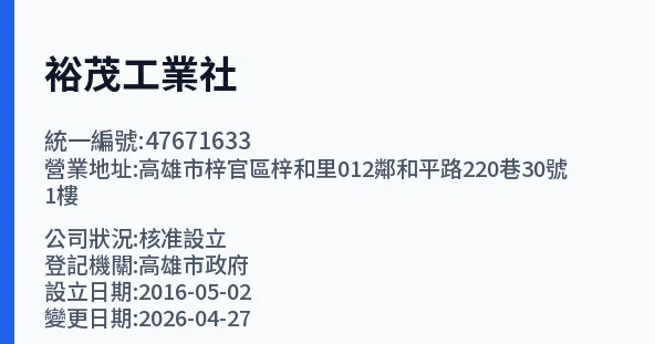裕茂工業社的照片-統編 47671633(高雄市) 公司登記資料與營業項目詳細圖表