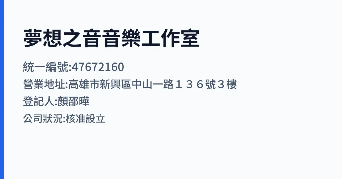 夢想之音音樂工作室 - 統編 47672160(高雄市) 公司登記資料與營業項目詳細圖表