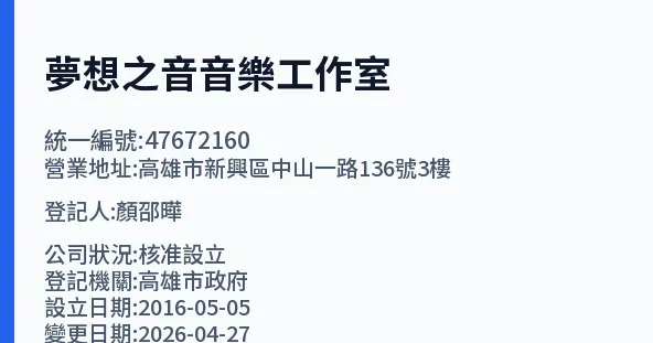 夢想之音音樂工作室的照片-統編 47672160(高雄市) 公司登記資料與營業項目詳細圖表