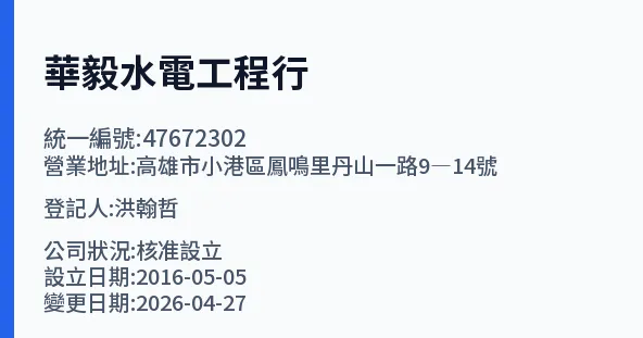 華毅水電工程行的照片-統編 47672302(高雄市) 公司登記資料與營業項目詳細圖表